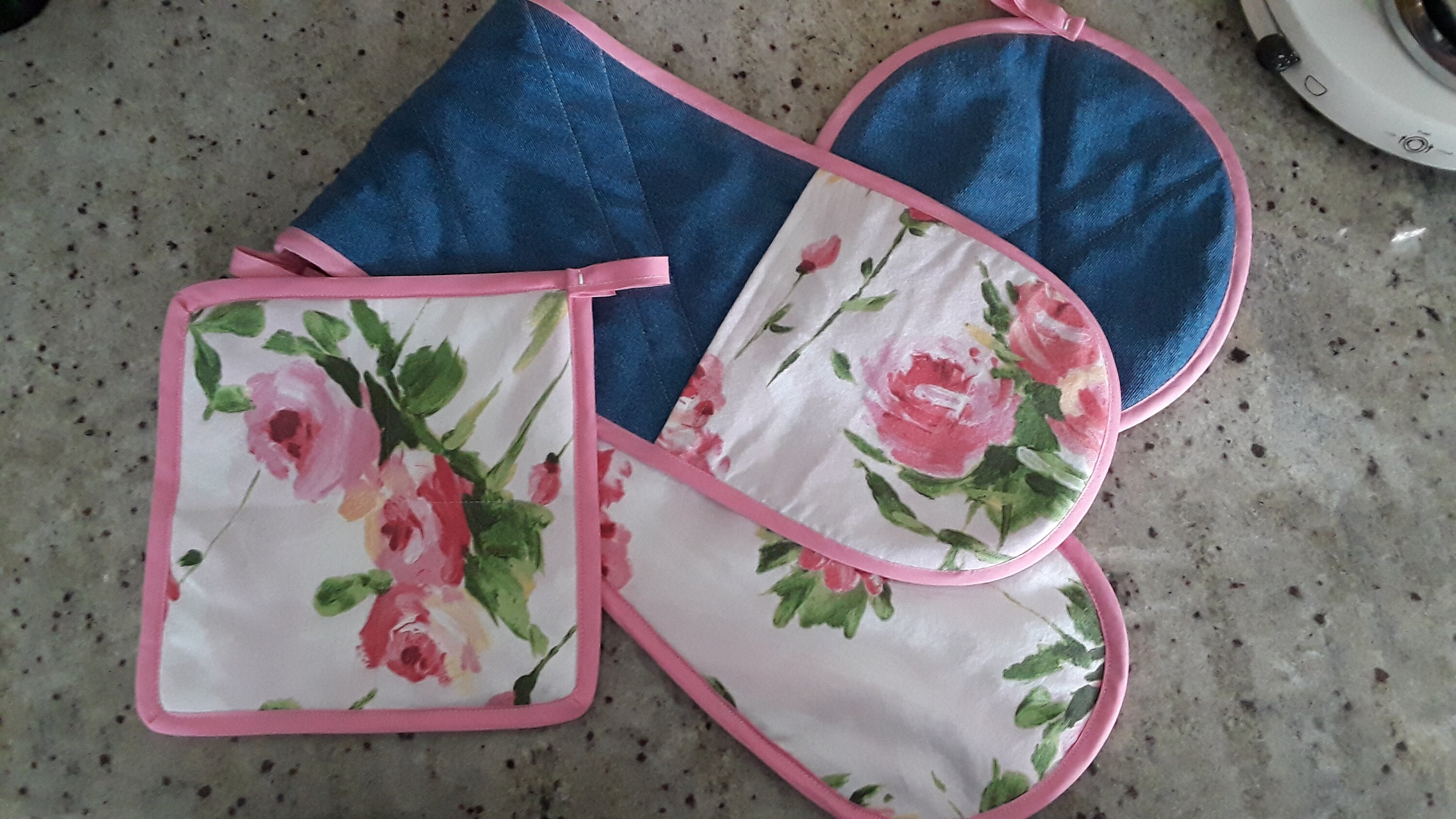 Pink Floral Design, Denim-backed Pot Holder/oven Mitt Set That Double ...