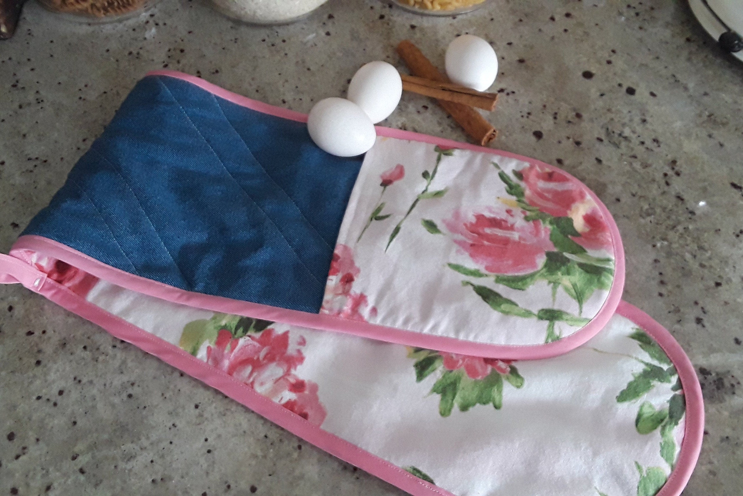 Pink Floral Design, Denim-backed Pot Holder/oven Mitt Set That Double ...