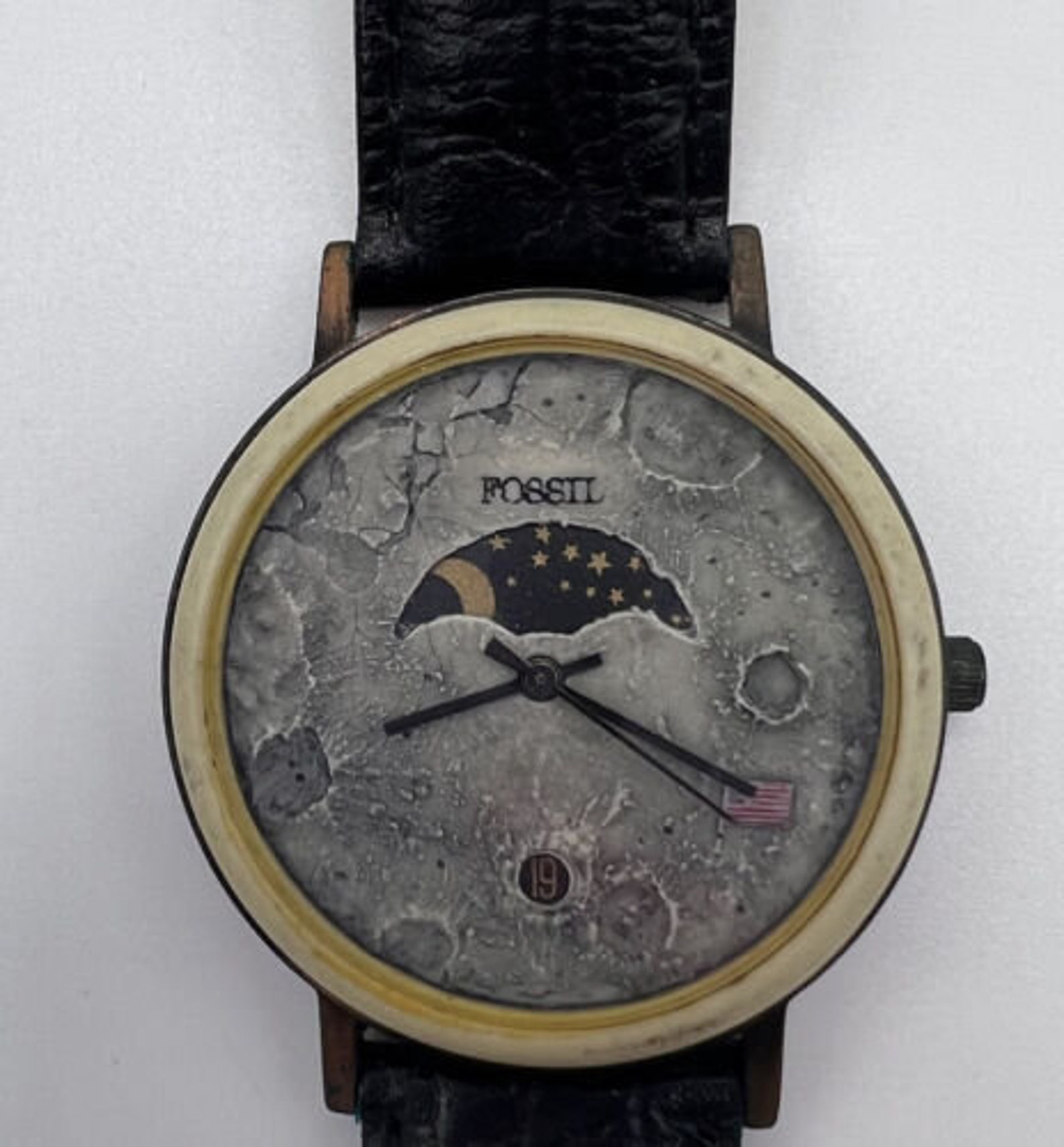 RARE Fossil Moon Landing Watch WORKS Sun Copper Japan FM-1815 Vintage ...
