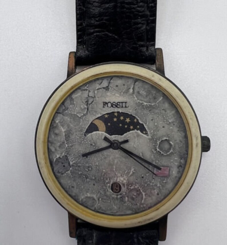RARE Fossil Moon Landing Watch WORKS Sun Copper Japan FM-1815 Vintage ...
