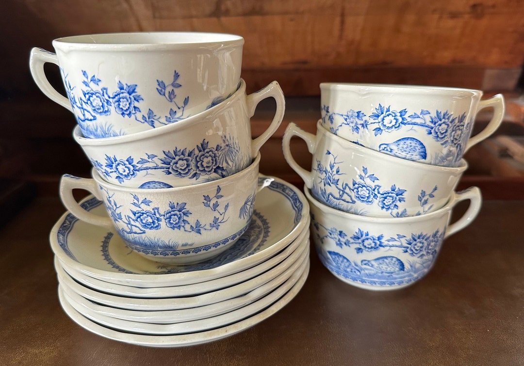 Furnivals quail Blue Transferware Teacup & Saucer Sets - Etsy