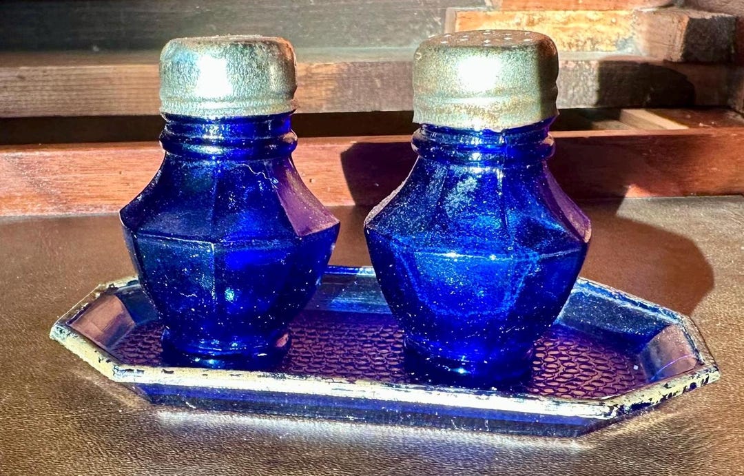 Vintage Cobalt Blue Glass Salt & Pepper Set With Tray - Etsy