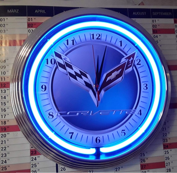 Wall Clock CORVETTE C7 38 cm Wall Clock Illuminated Neon Blue | Etsy