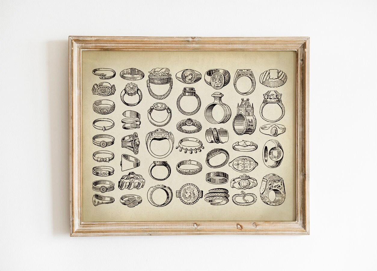 Antique Jewelry Print, Jewels PRINTABLE Vintage Illustration, Old Rings ...
