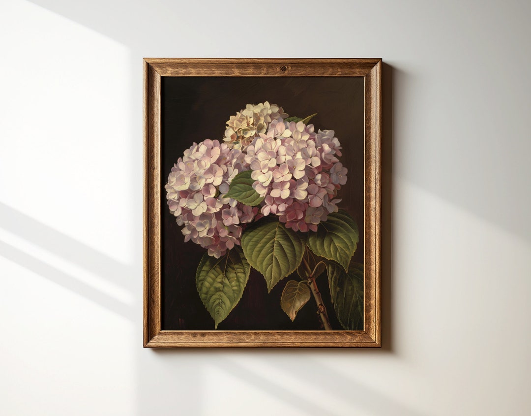 Printable Hydrangea Painting, Moody Botanical Wall Art, Dark Floral ...