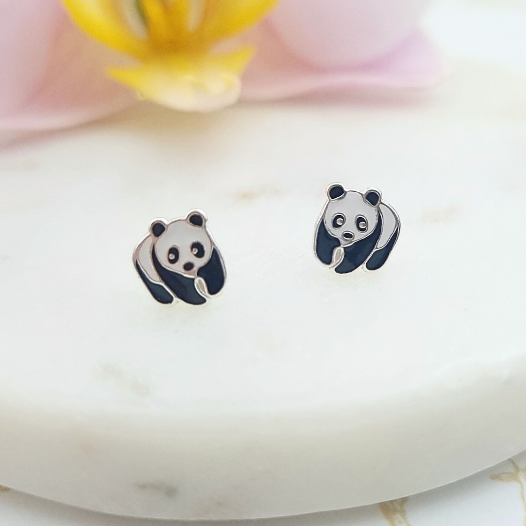 Panda Stud Earrings in Sterling Silver, Cute Animal Stud Earrings for ...
