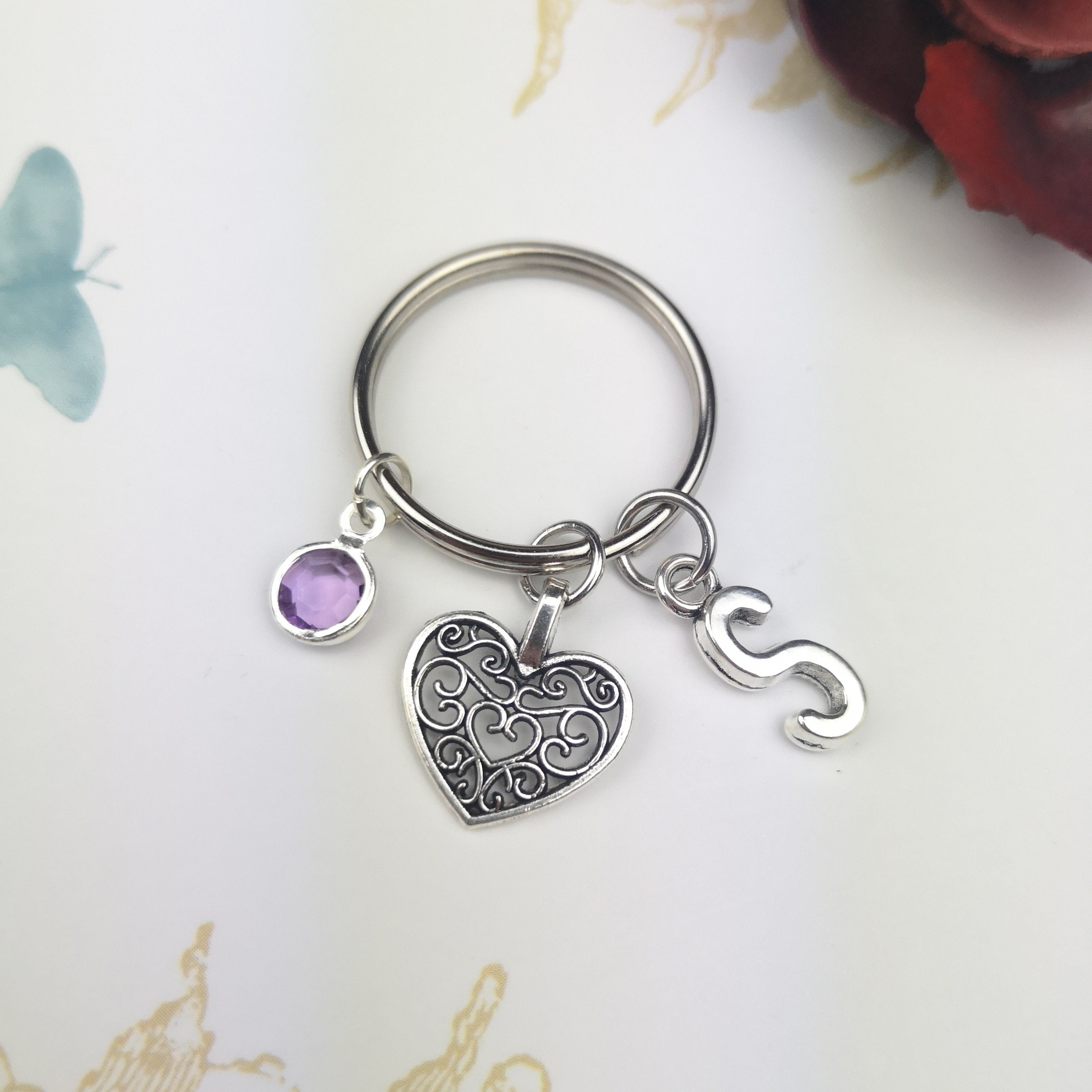 Personalised Initial Keyring, Filigree Heart Charm, Monogram Keychain ...
