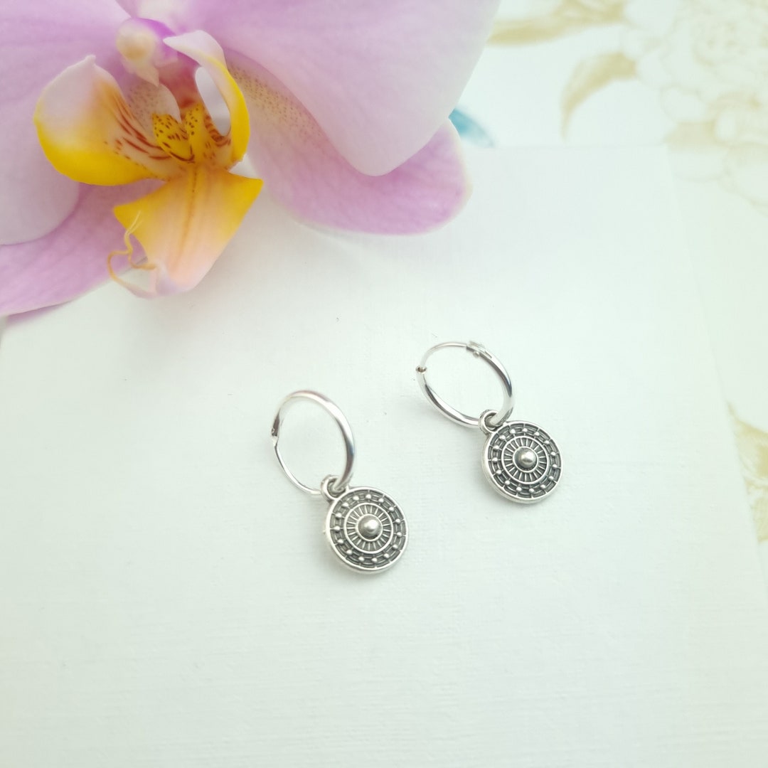Antique Silver Lever Back Coin Earrings, Small Sterling Silver Huggie ...