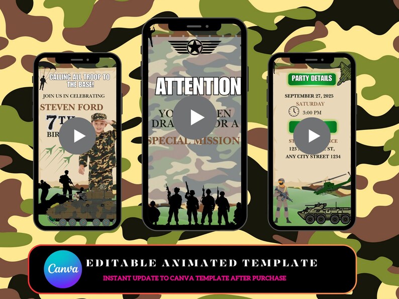 Army Birthday Video Invitation | Kids Soldier Party, Editable Canva ...