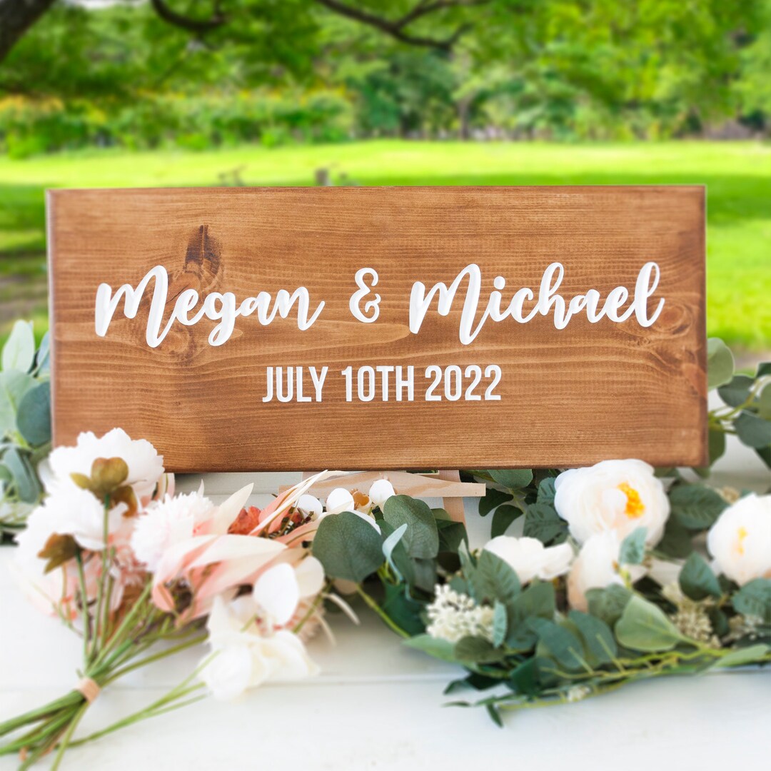 Personalised Engraved Wooden Names & Date Wedding Sign - 50 X 22 X 2cm ...