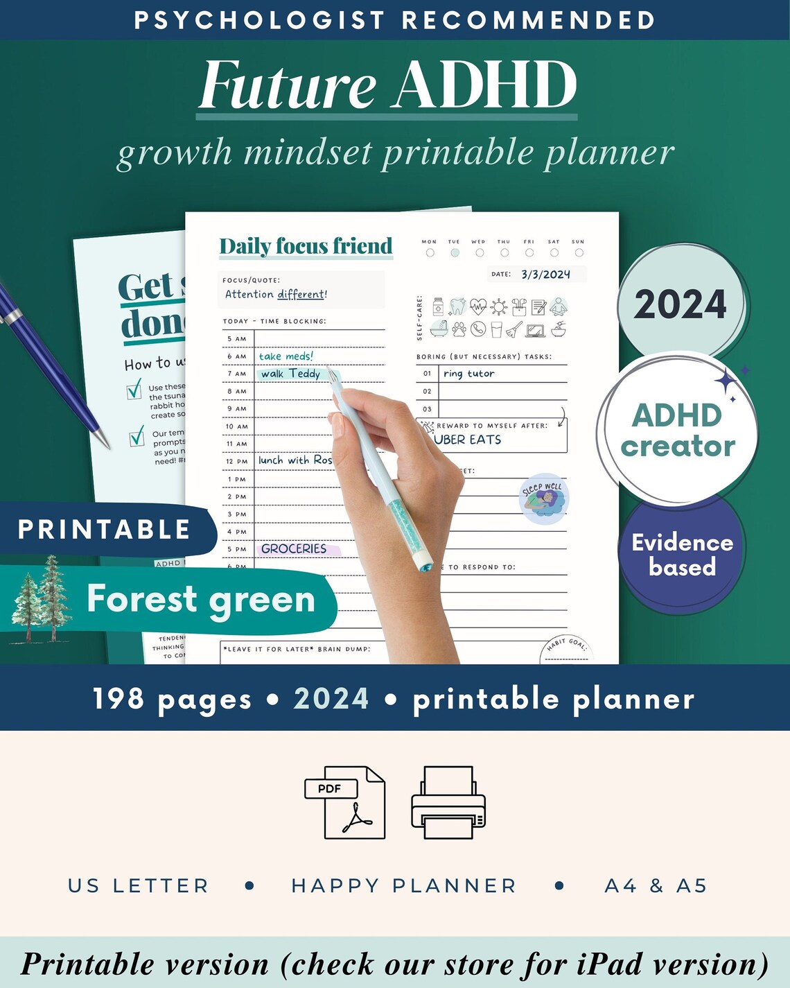 Science-based Printable Planner for Adult ADHD: Daily Organizer ...