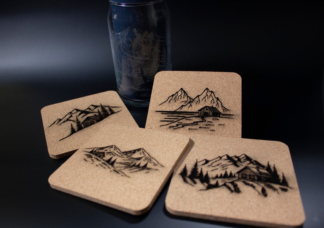 Laser Engraved Mountain Scene Can Glass & Cork Coaster Set - Etsy