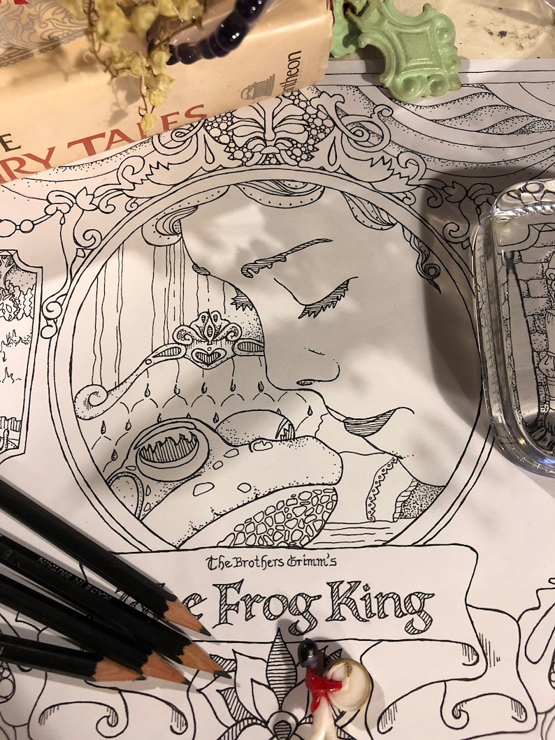 Brothers' Grimm the Frog King Hand-drawn Coloring Page, Digital ...