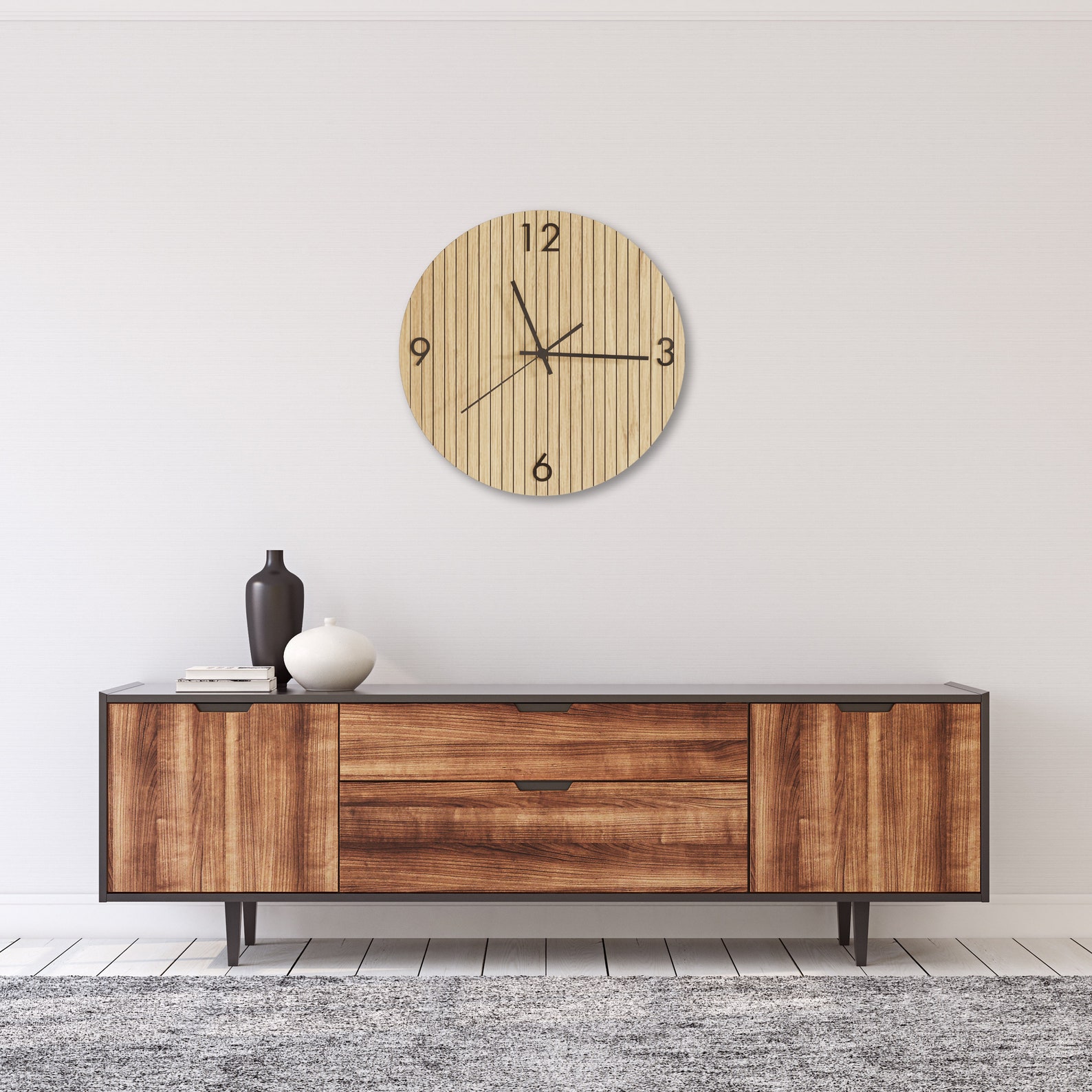 Japandi Style Wall Clock - Natural Oak Veneer Slat Decor, Scandinavian ...