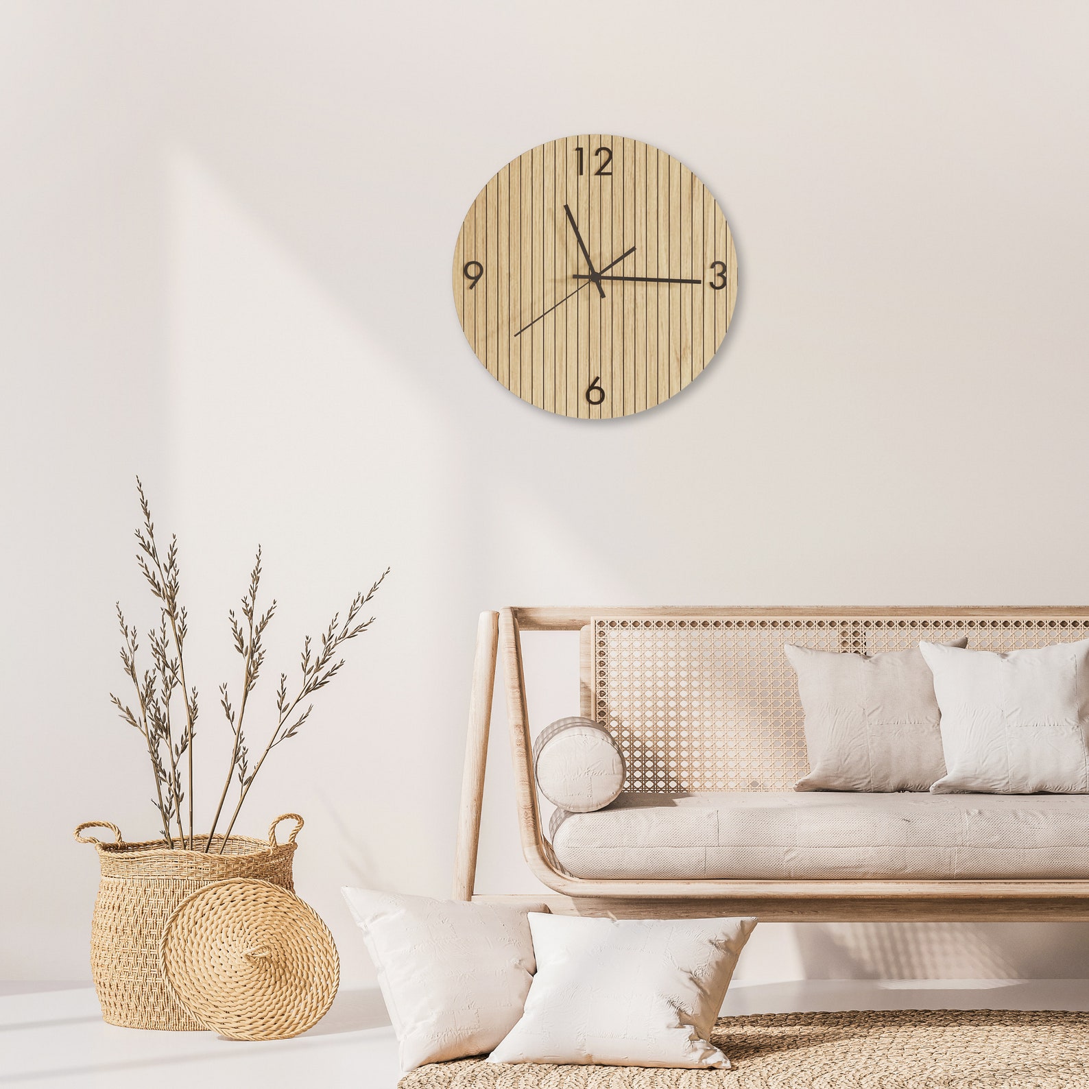 Japandi Style Wall Clock - Natural Oak Veneer Slat Decor, Scandinavian ...