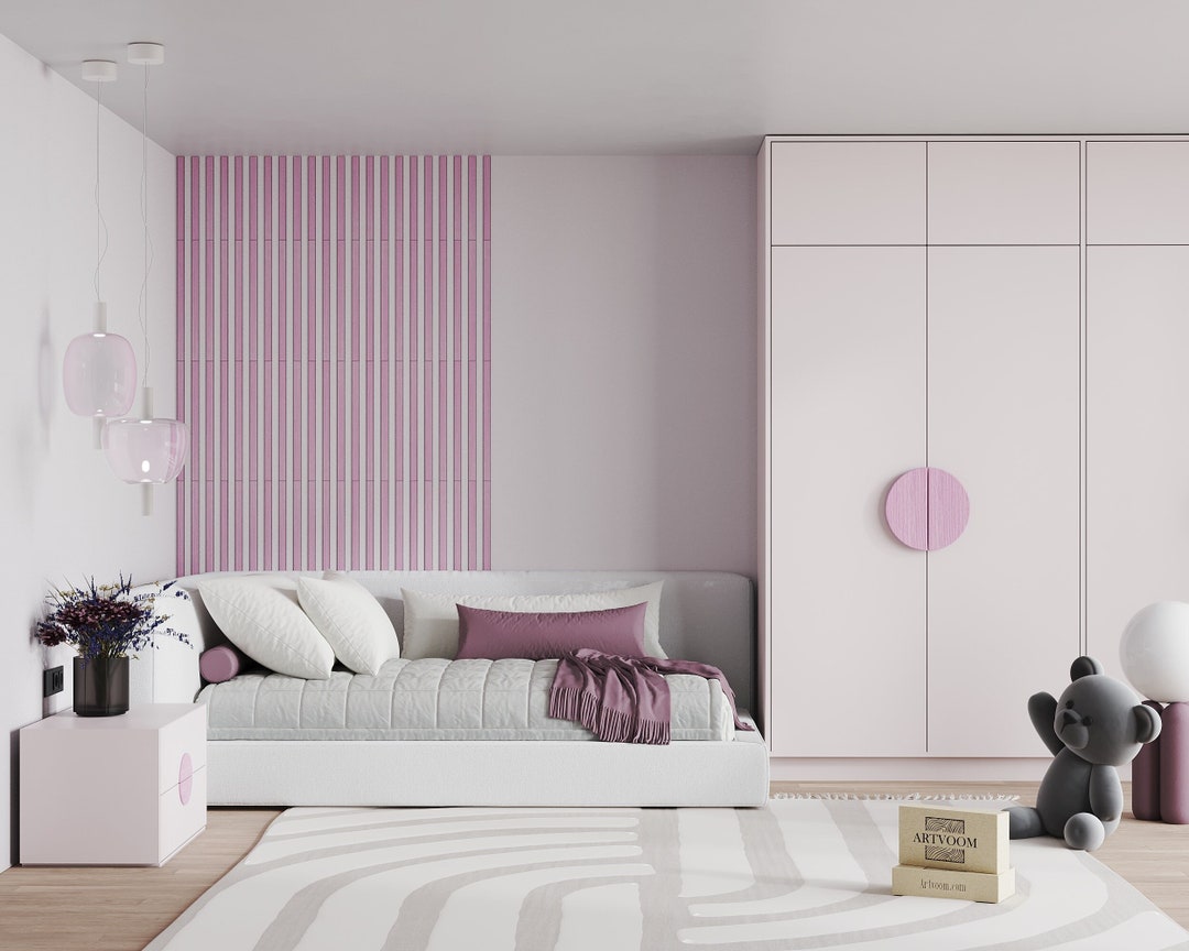 Oak Wooden Wall Slats Pink Color -narrow Size - 3D Wall Panels - Wooden ...