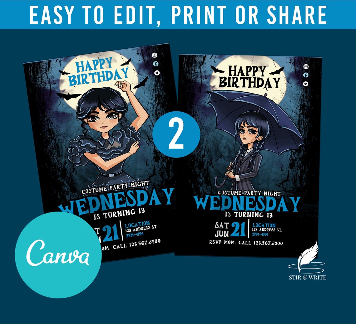 Birthday Invitation, Editable and Printable Wednesday Invitation ...