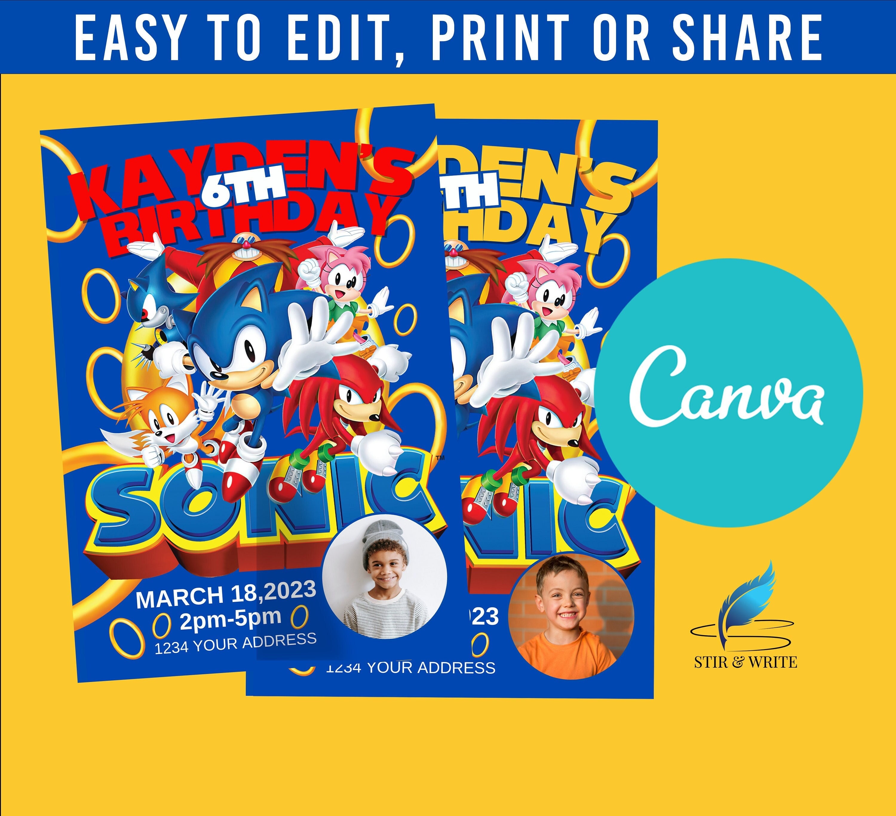 Invitación de cumpleaños, invitación de Sonic Hedgehog editable e ...