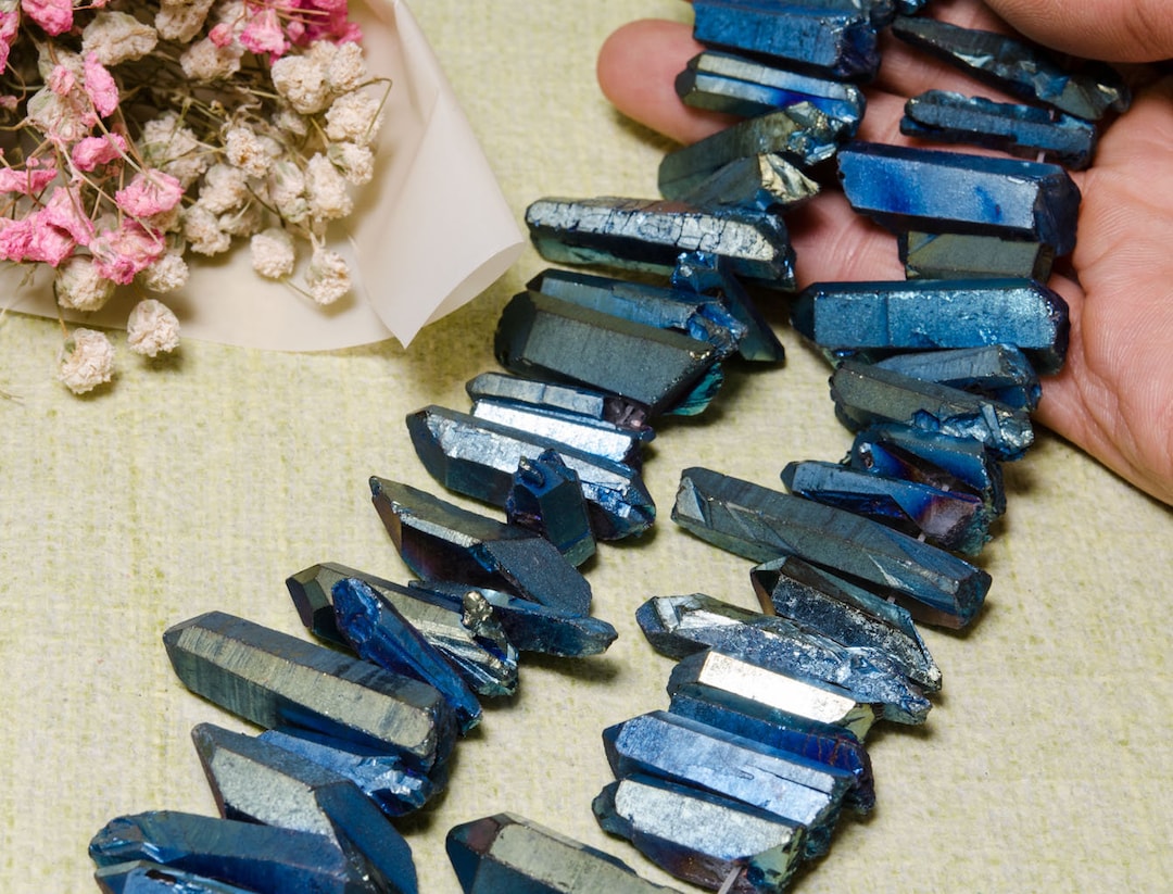 Royal Blue Aura Titanium Crystal Bead Long Thin Crystal Bead Raw ...