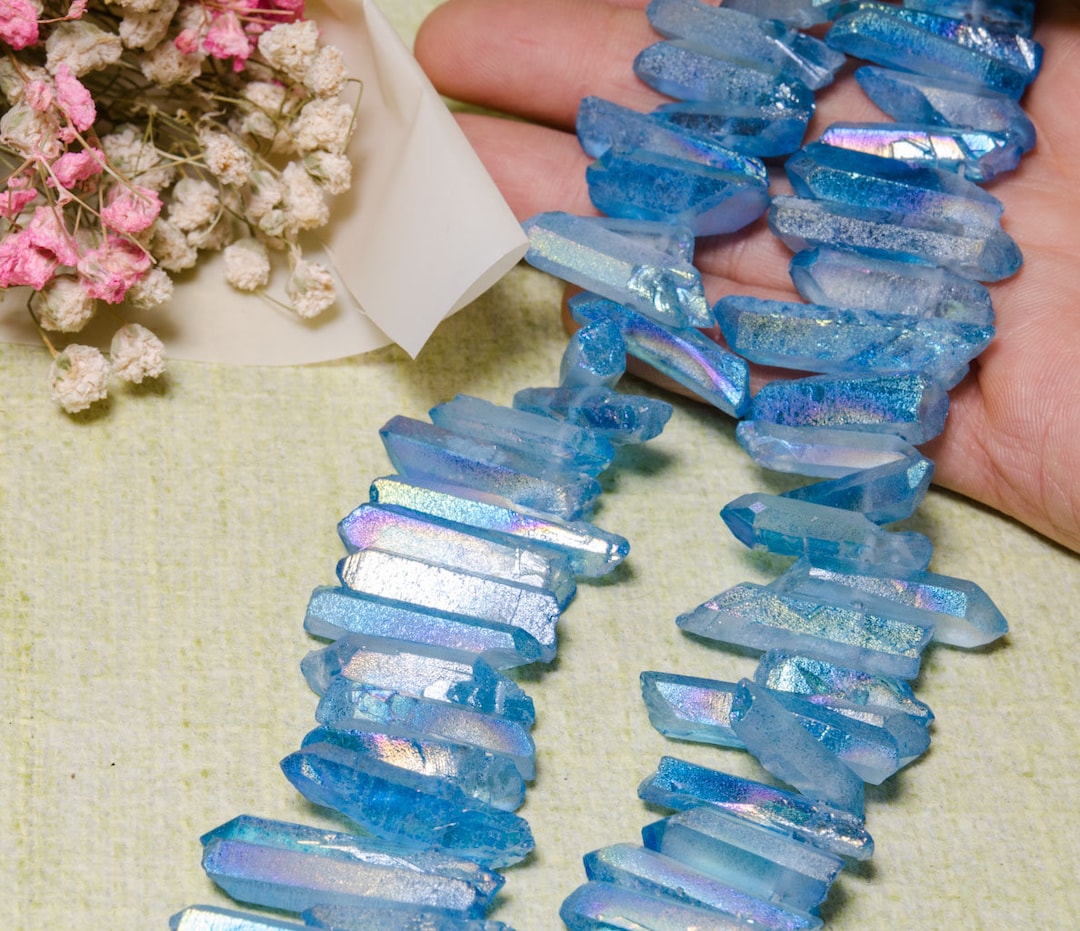 Deep Sky Blue Aura Titanium Crystal Bead Long Thin Beads Raw Crystal ...