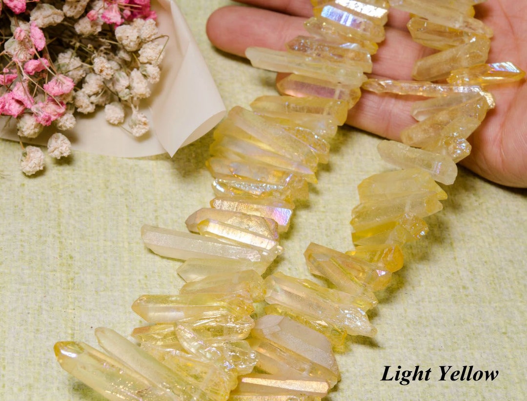 Yellow Aura Titanium Crystal Bead Long Thin Beads Raw Crystal Natural ...
