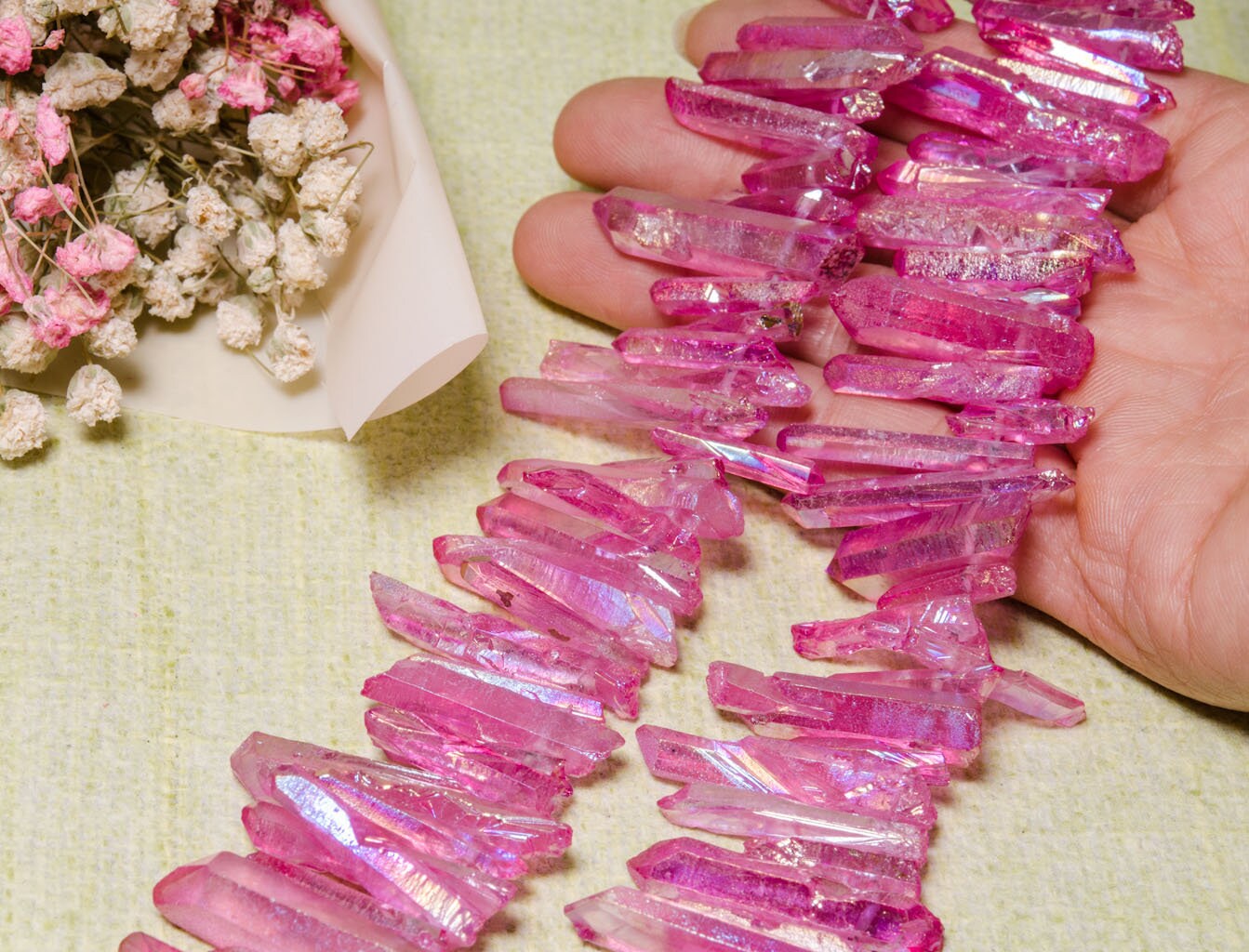 Hot Pink Aura Titanium Crystal Bead Long Thin Crystal Bead Raw Crystal ...