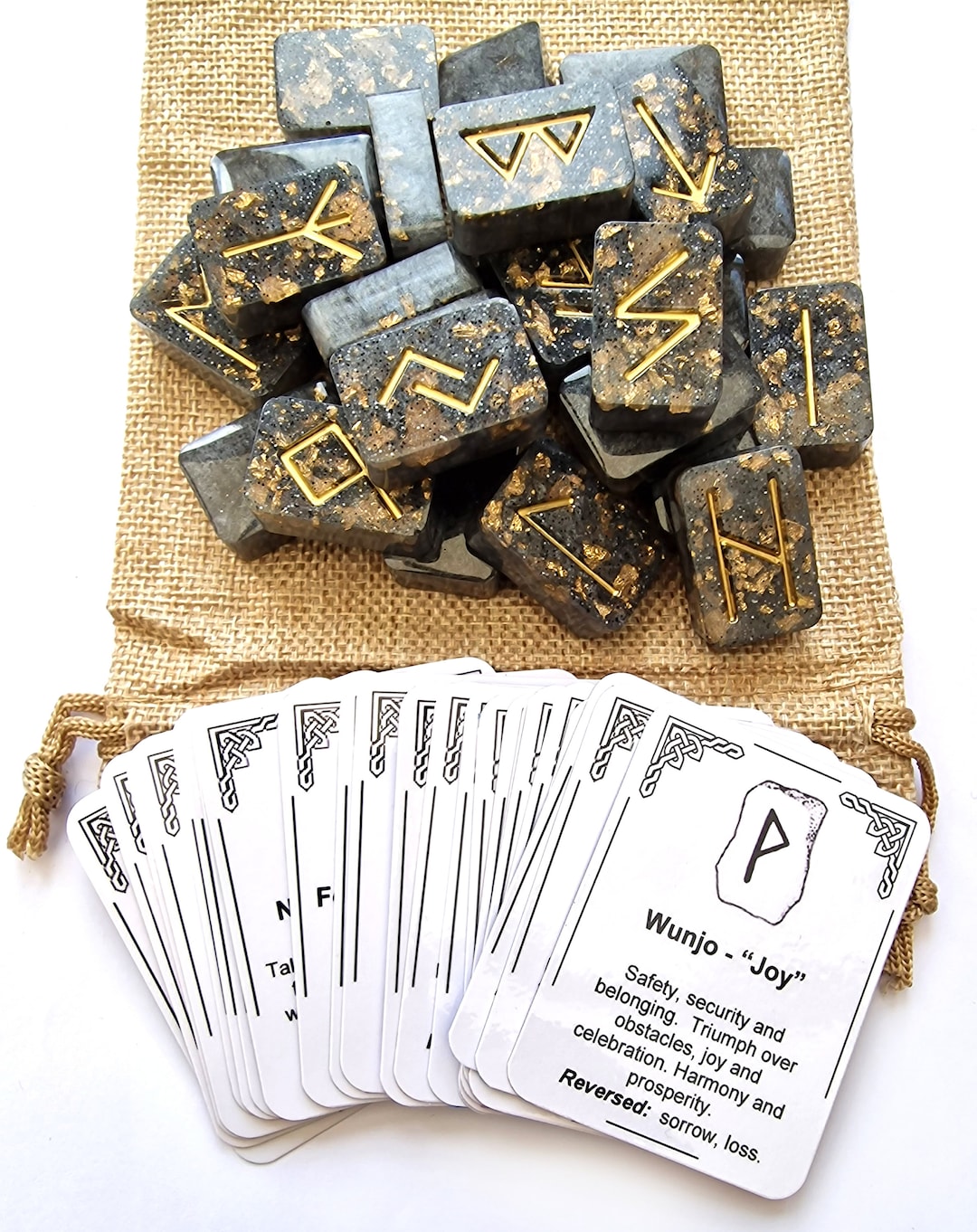 Granite Grey & Gold Leaf Futhark Runes Set With Rune Meaning Deck and ...