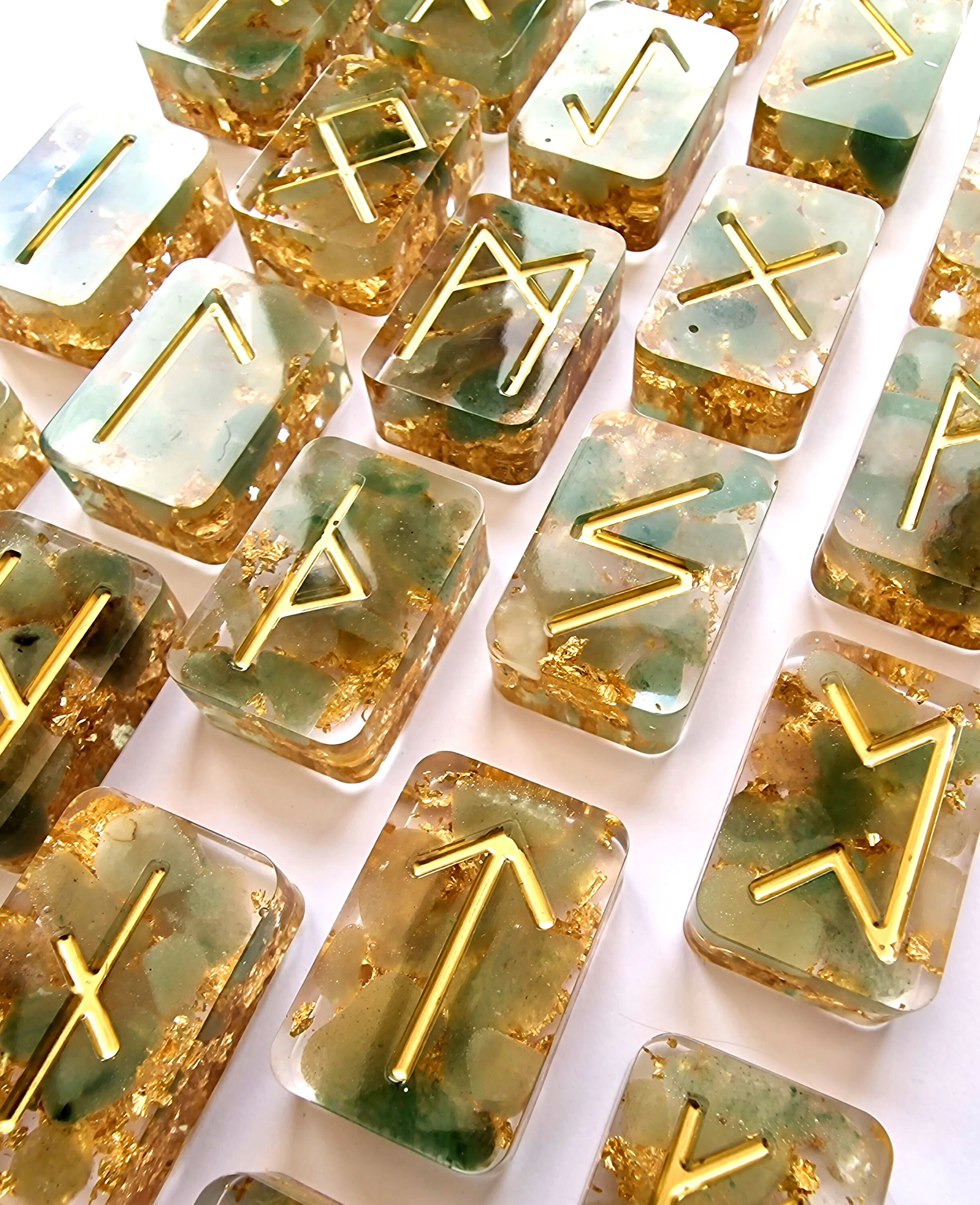 Jade and Gold Leaf Futhark Runes Set With Rune Meaning Deck and Casting ...