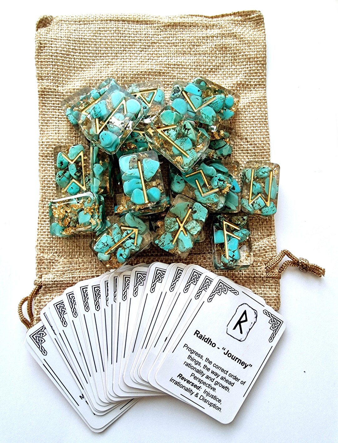 Turquoise and Gold Leaf Futhark Runes Set With Rune Meaning Deck and ...
