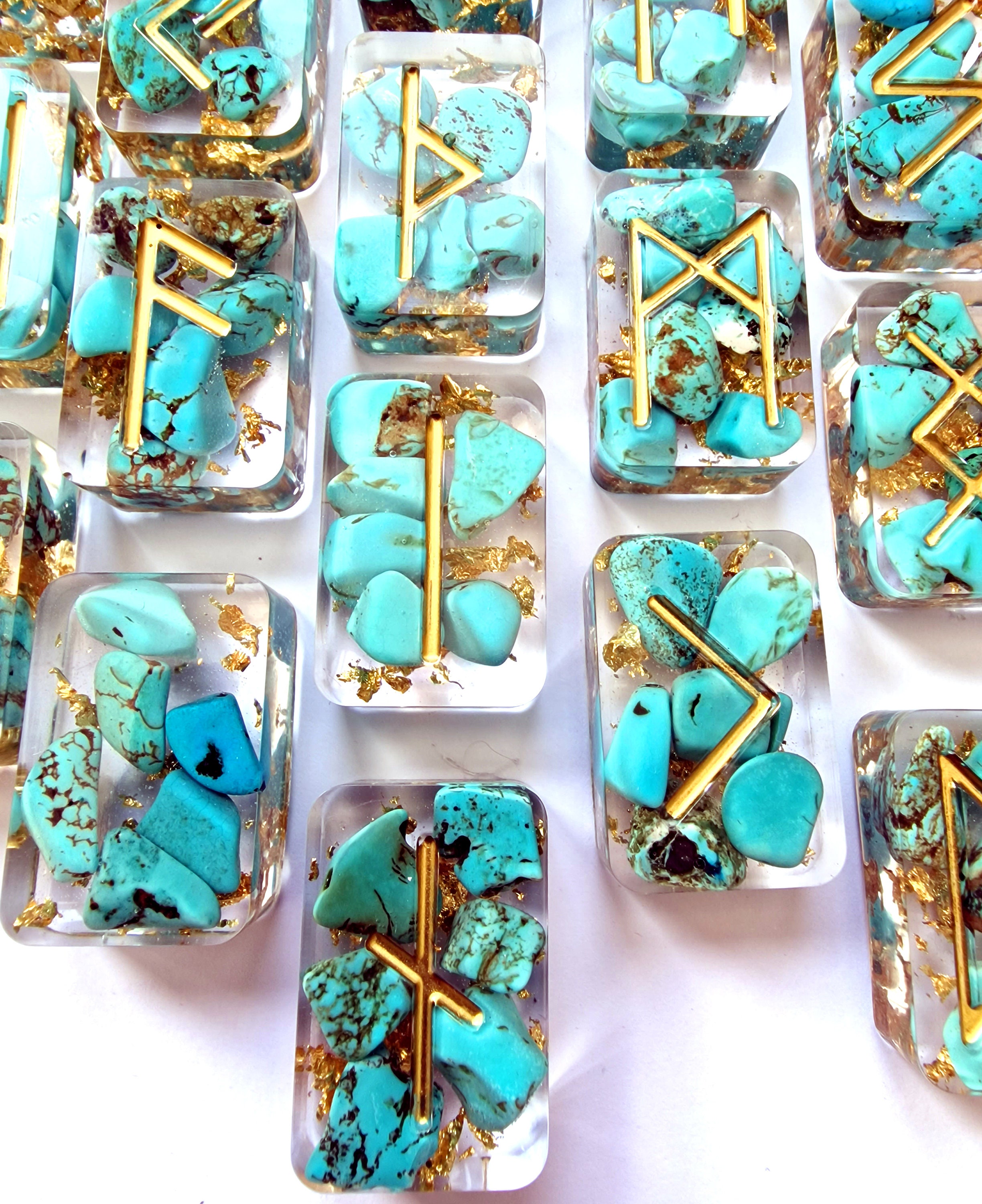 Turquoise and Gold Leaf Futhark Runes Set With Rune Meaning Deck and ...