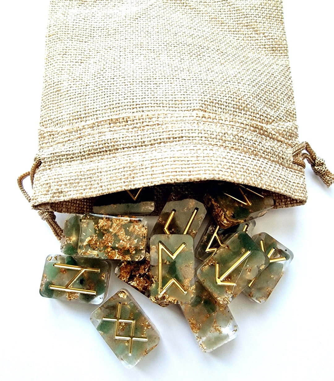 Jade and Gold Leaf Futhark Runes Set With Rune Meaning Deck and Casting ...