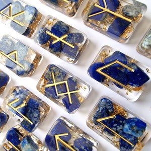 Lapis Lazuli and Gold Leaf Futhark Runes Set With Rune Meaning Deck and ...