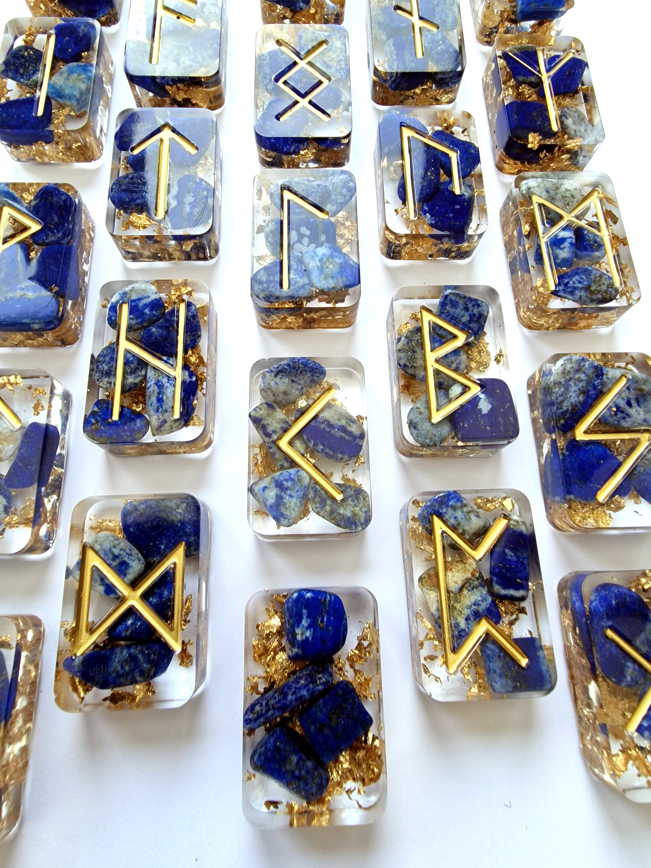 Lapis Lazuli and Gold Leaf Futhark Runes Set With Rune Meaning Deck and ...