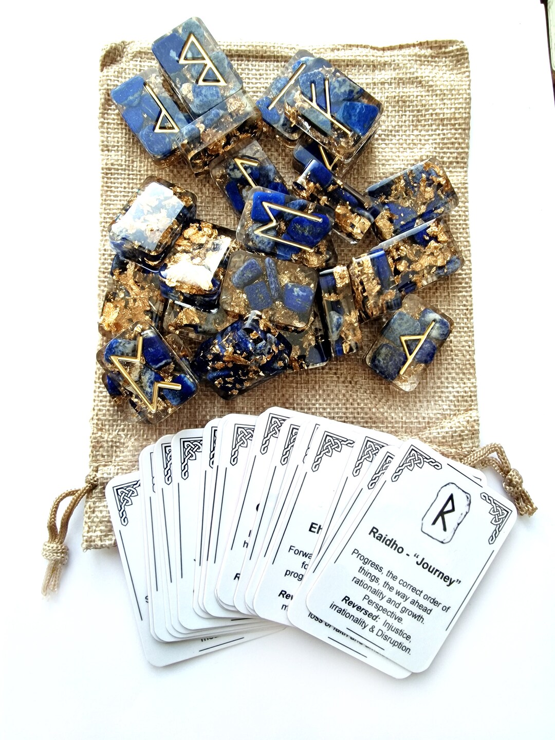 Lapis Lazuli and Gold Leaf Futhark Runes Set With Rune Meaning Deck and ...