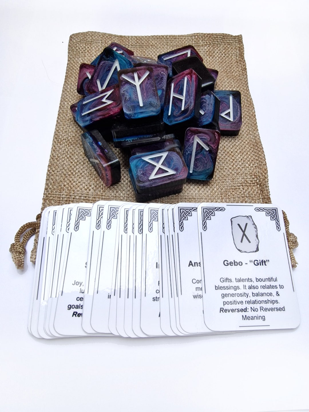 Blue and Indigo Swirl Futhark Runes Set With Rune Meaning Deck and ...