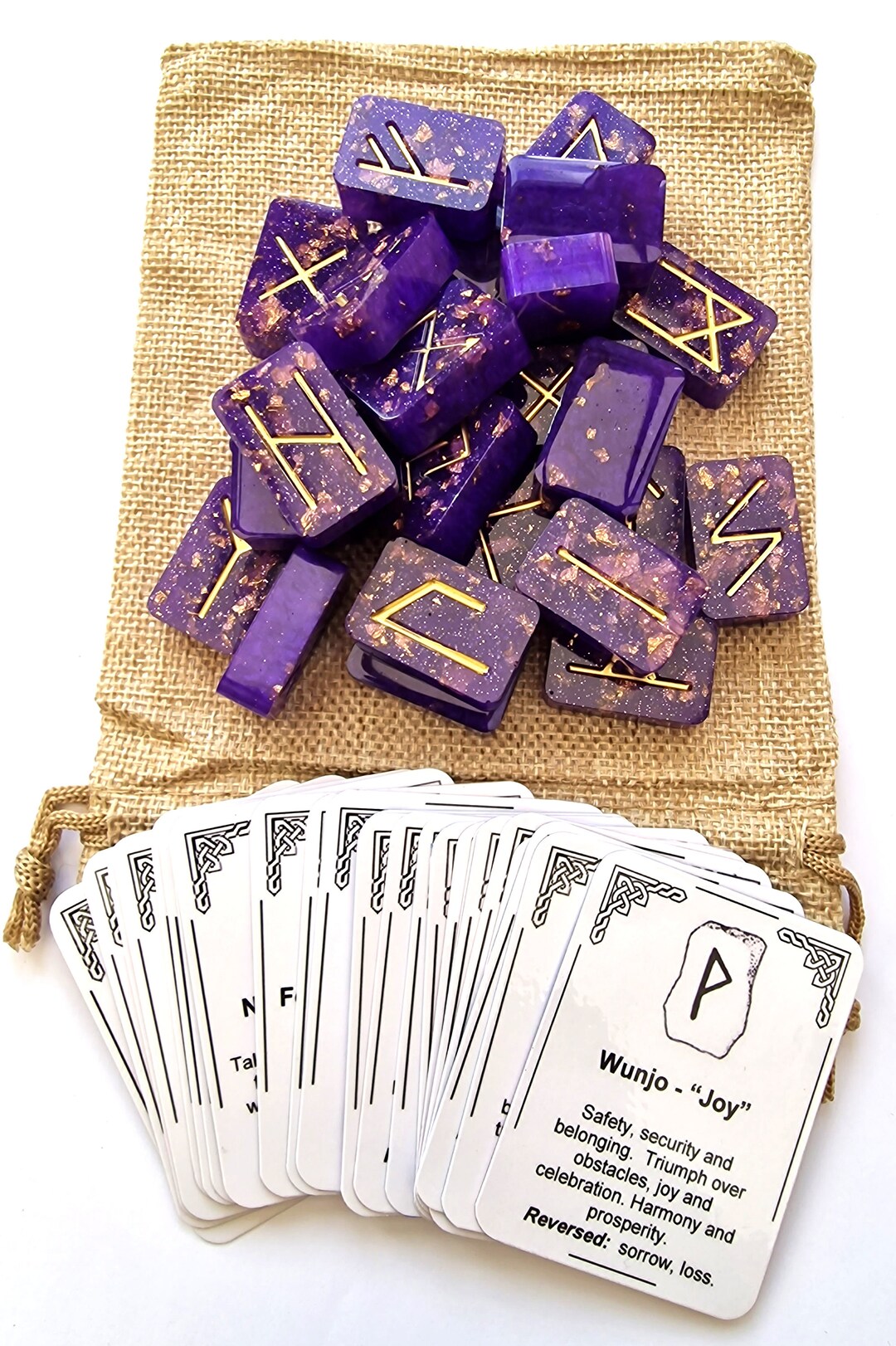 Purple Pearl and Gold Leaf Futhark Runes Set With Rune Meaning Deck and ...