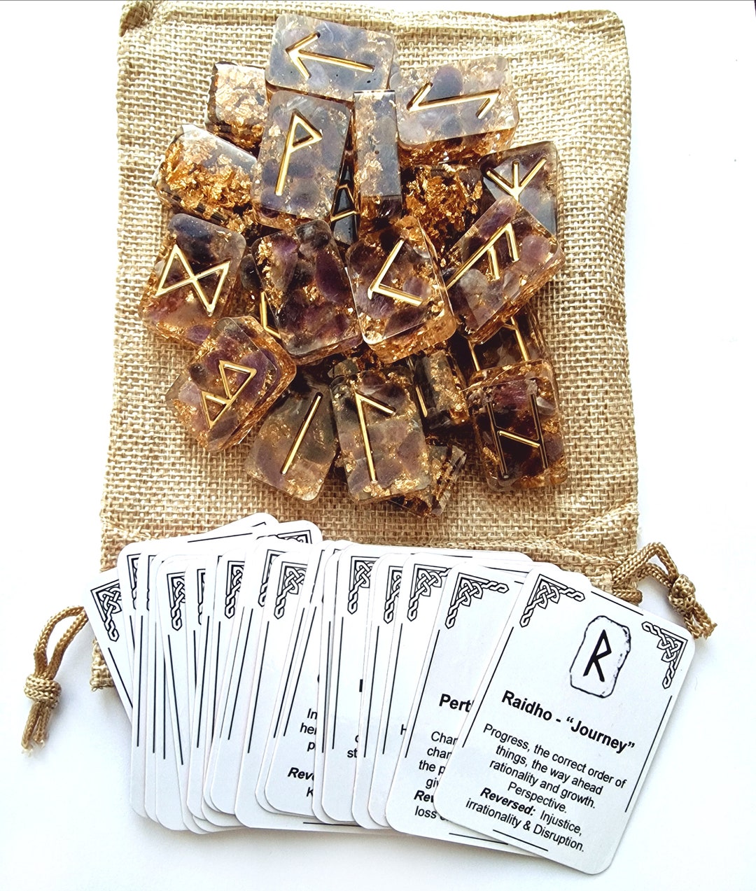 Amethyst and Gold Leaf Futhark Runes Set With Rune Meaning Deck and ...