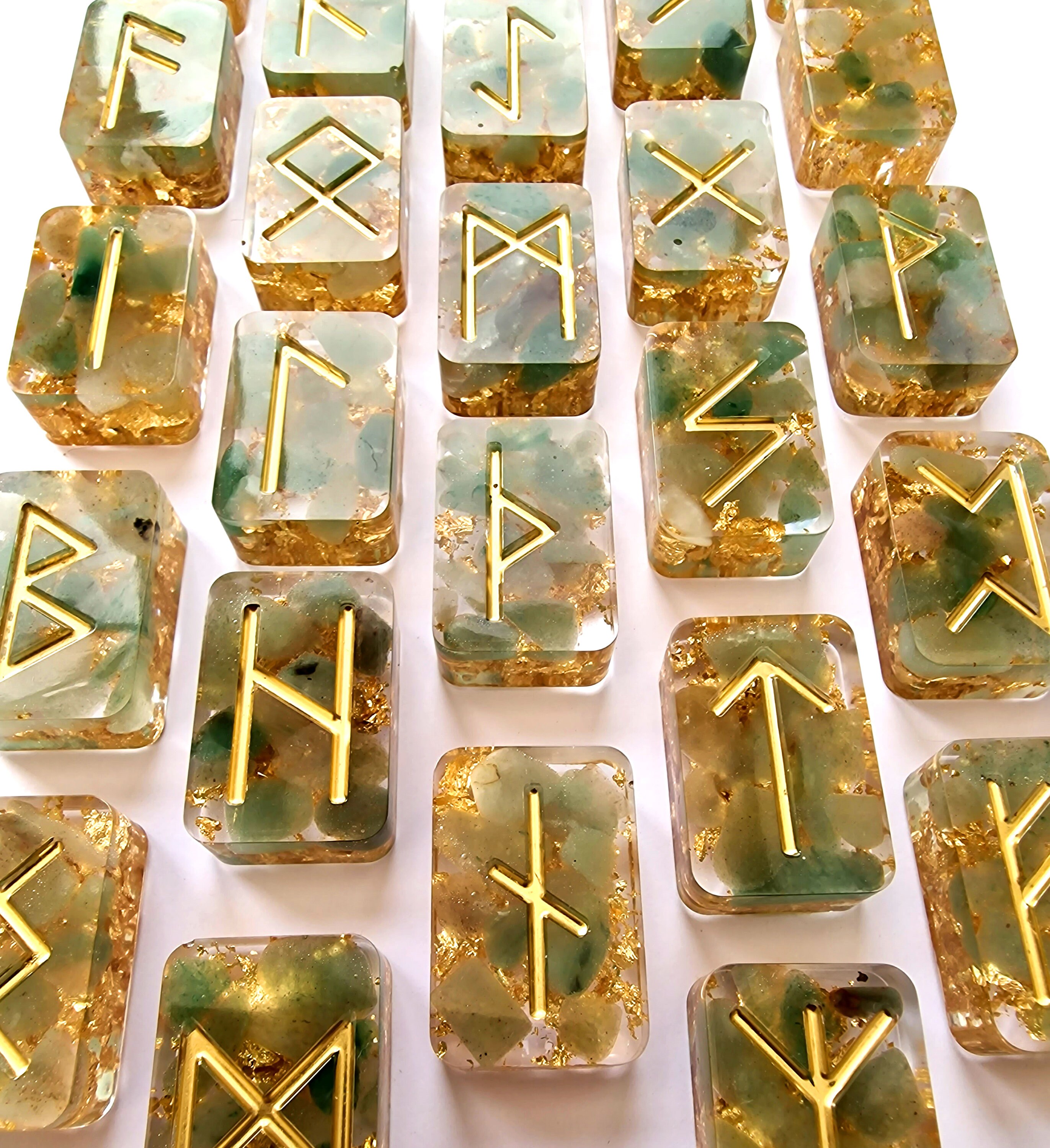 Jade and Gold Leaf Futhark Runes Set With Rune Meaning Deck and Casting ...