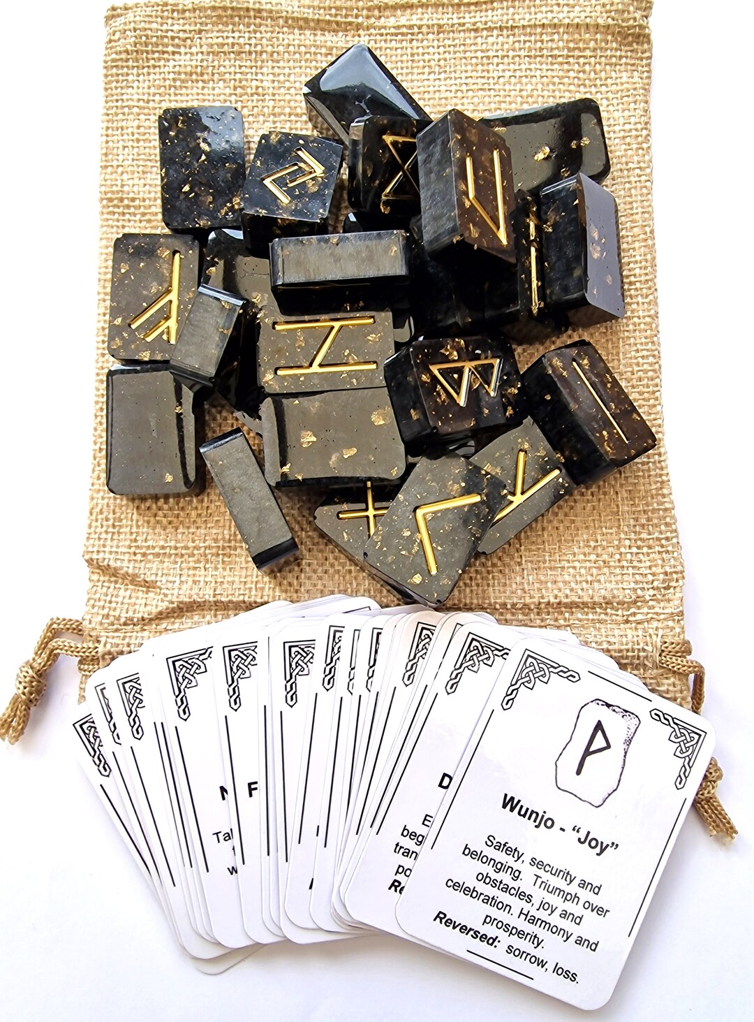 Black Pearl and Gold Leaf Futhark Runes Set With Rune Meaning Deck and ...