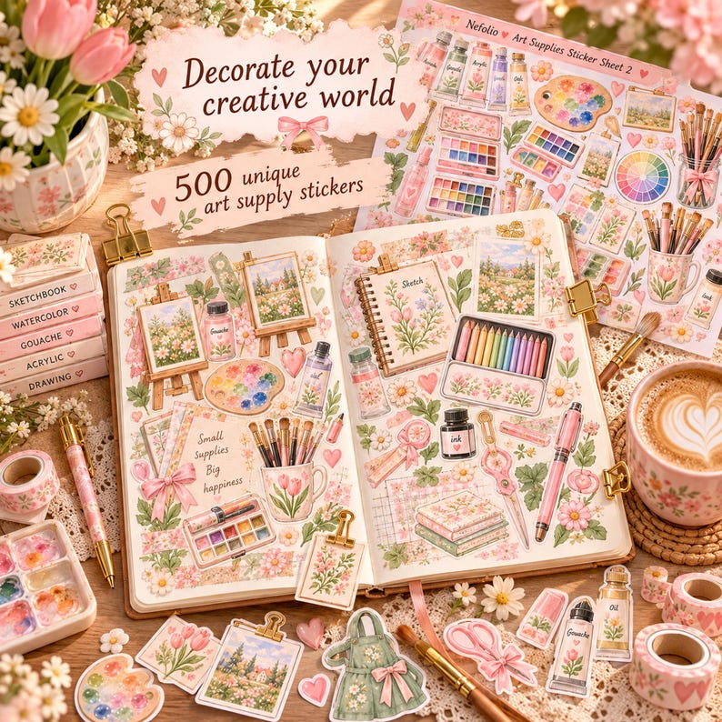 500 Printable Art Supply Stickers: Cute Pastel A4 Sticker Sheets - Etsy