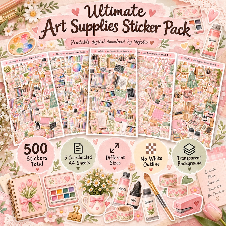 500 Printable Art Supply Stickers: Cute Pastel A4 Sticker Sheets - Etsy