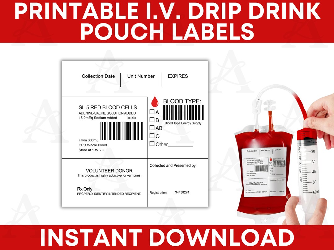Printable I.V. Drip Drink Pouch Label, Instant Download I.V. Drink Bag ...