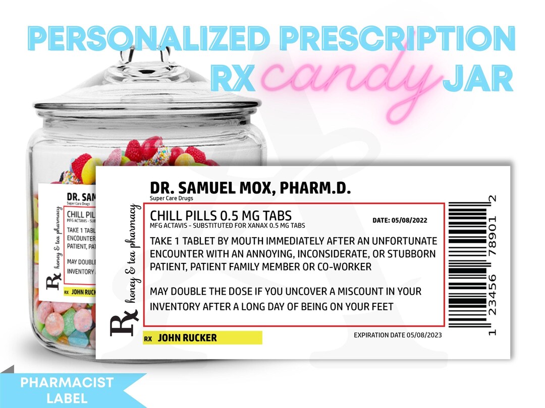 Personalized Prescription Candy Jar, Candy Chill Pills Birthday Gift ...