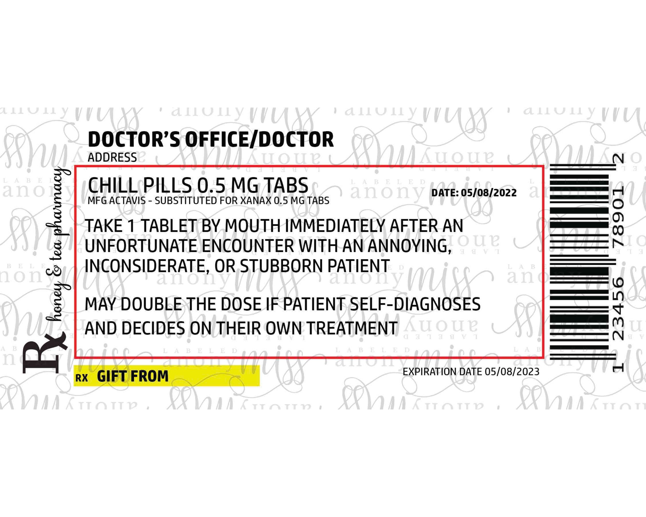 Personalized Prescription Candy Jar Label, Candy Chill Pills Birthday ...