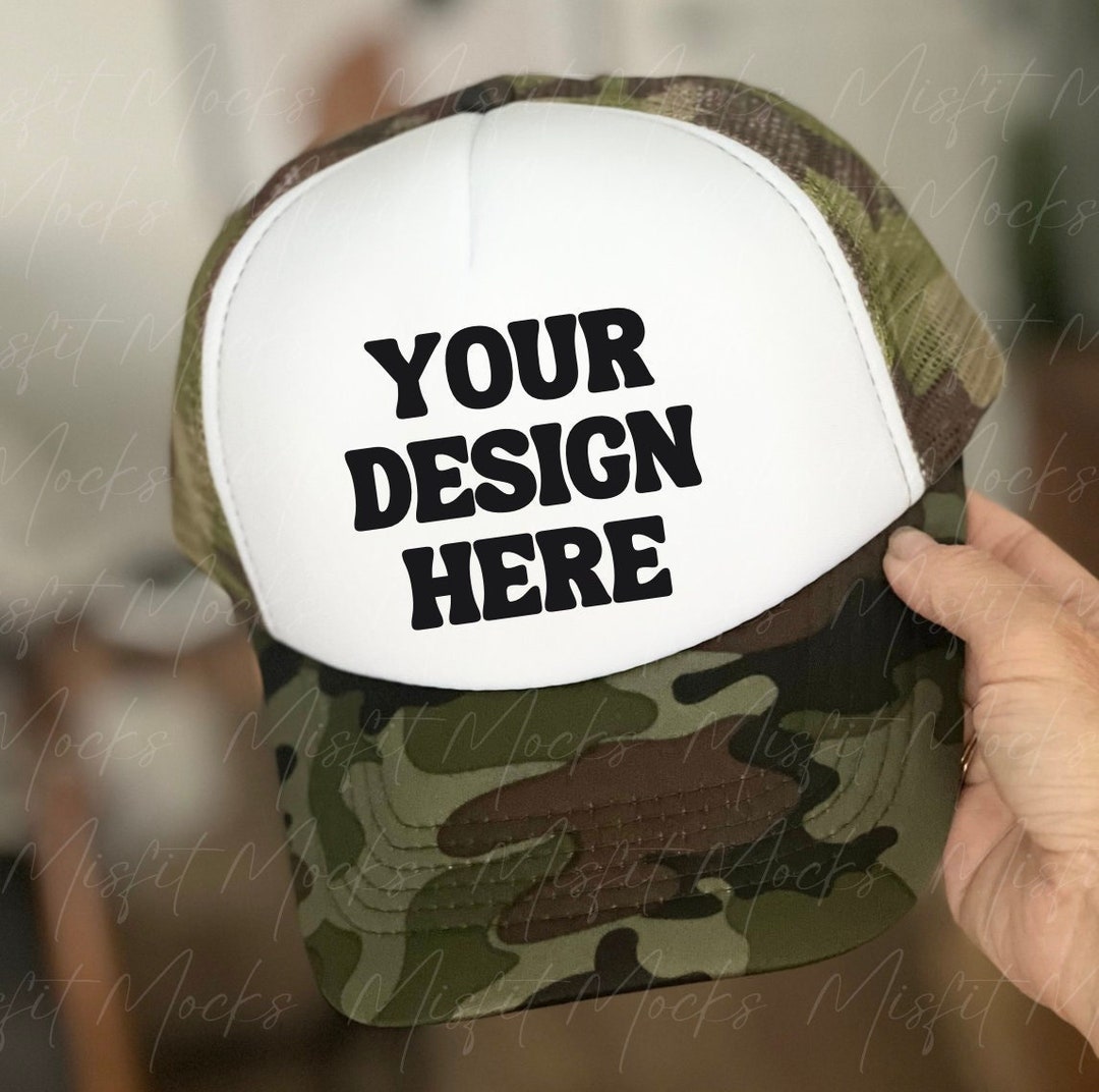 Camo Trucker Hat Mockup, Camouflage Mesh Otto Foam Trucker Cap ...