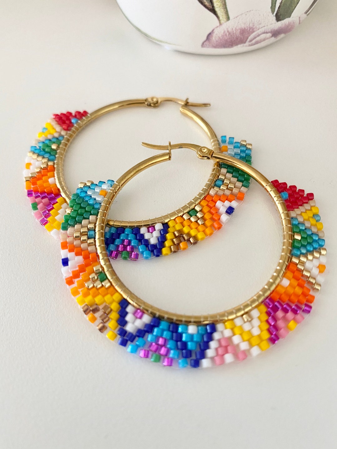 Beaded Hoop Earrings Hoop Earrings Rainbow Earrings Seed - Etsy