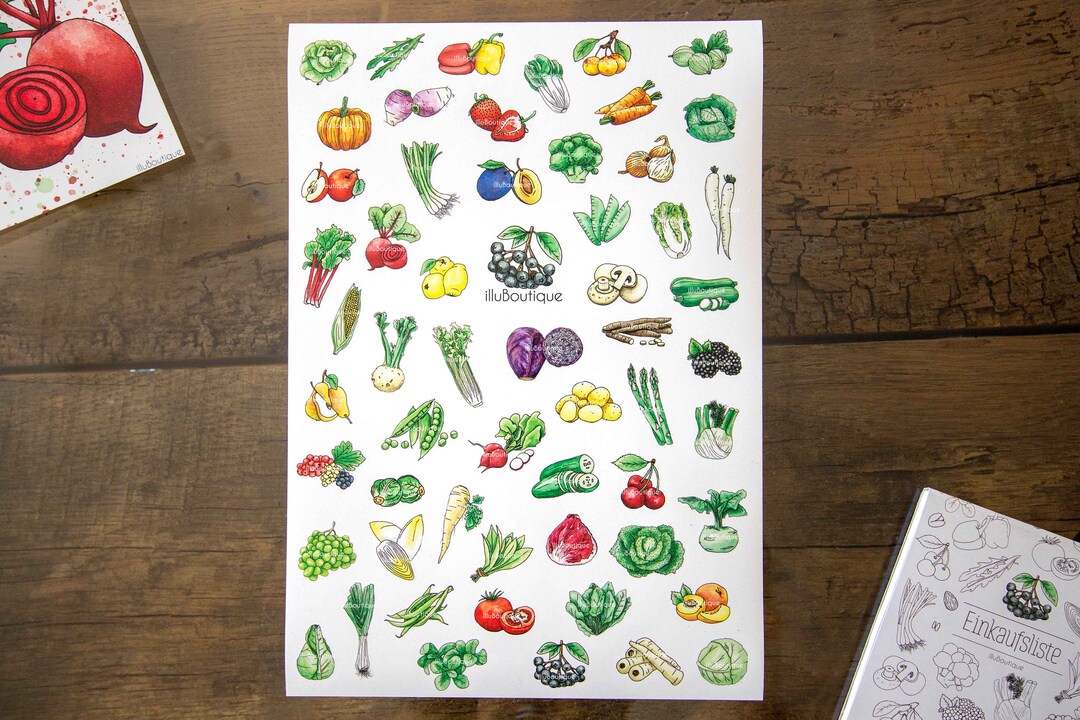 Sticker Sheet Fruit and Vegetables, A4, Vegan, Sticker, Seasonal ...