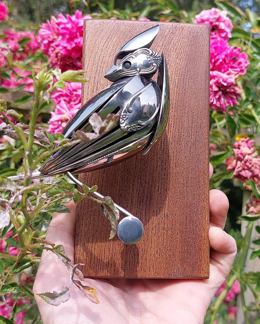 Hand Made Upcycled Cutlery Bird Mounted on Reclaimed Elm Cutlery Bird ...