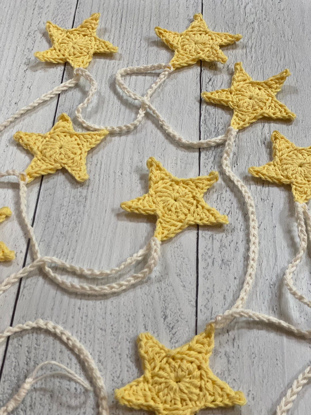Crocheted Star Garland Yellow Cotton Rustic Dorm Room Handmade