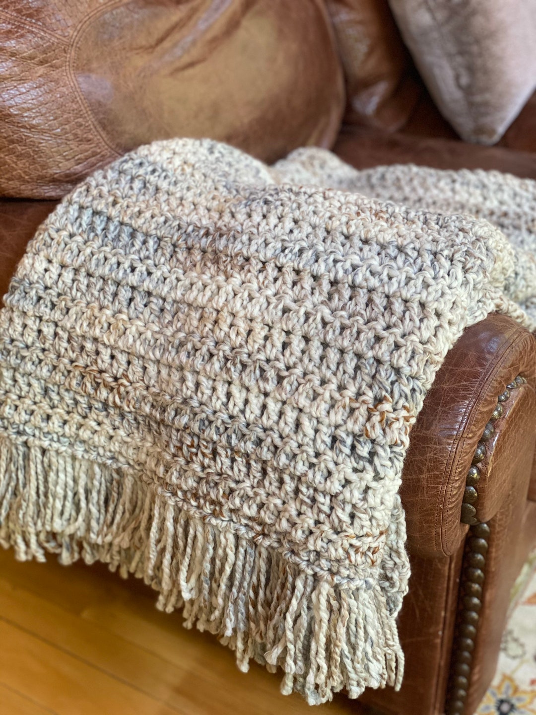 Handmade Crochet Throw Blanket: Chunky Wool Blend, Fossil Color (60x40 ...